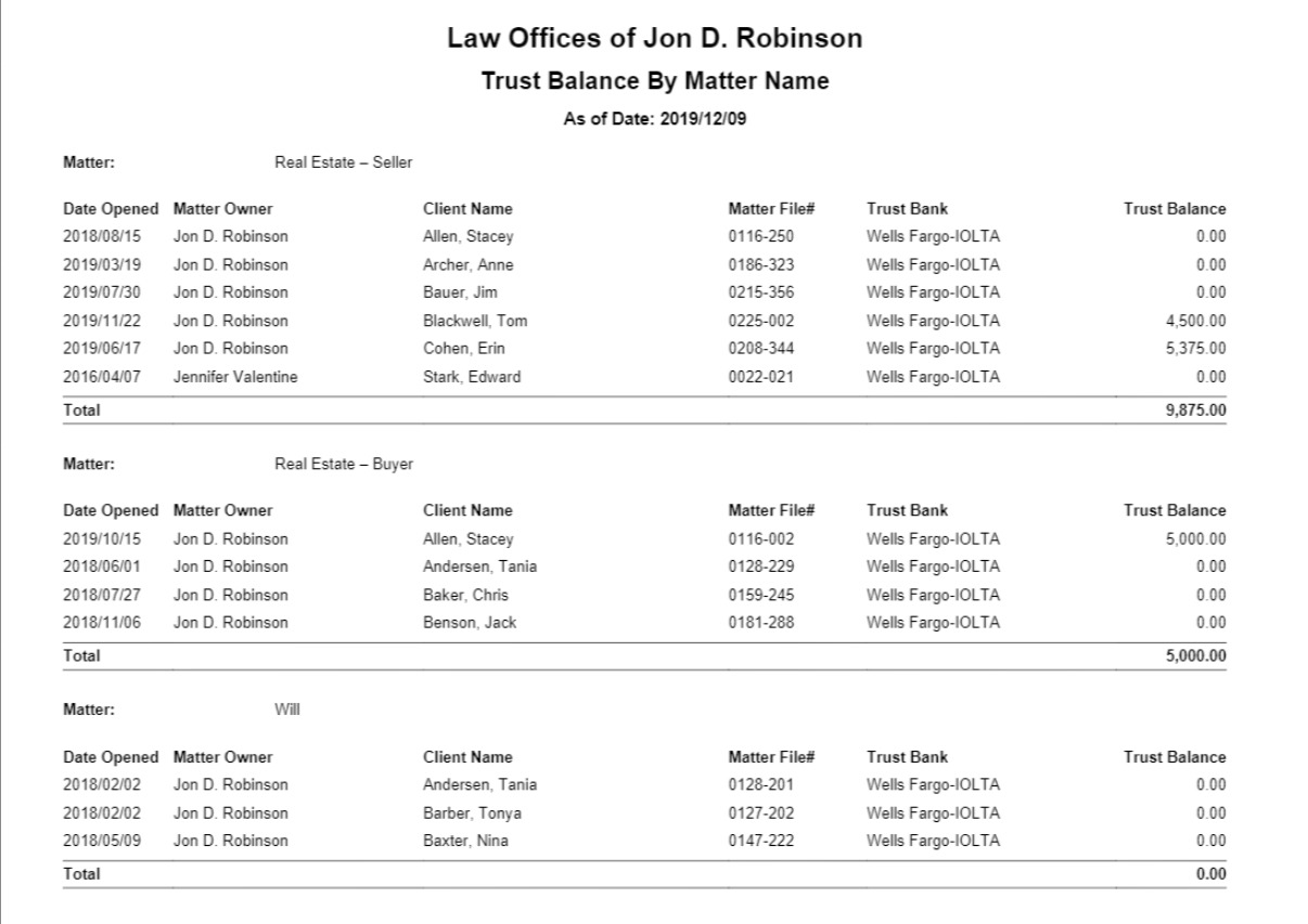 Trust Balance by Matter Name Report – CosmoLex Support