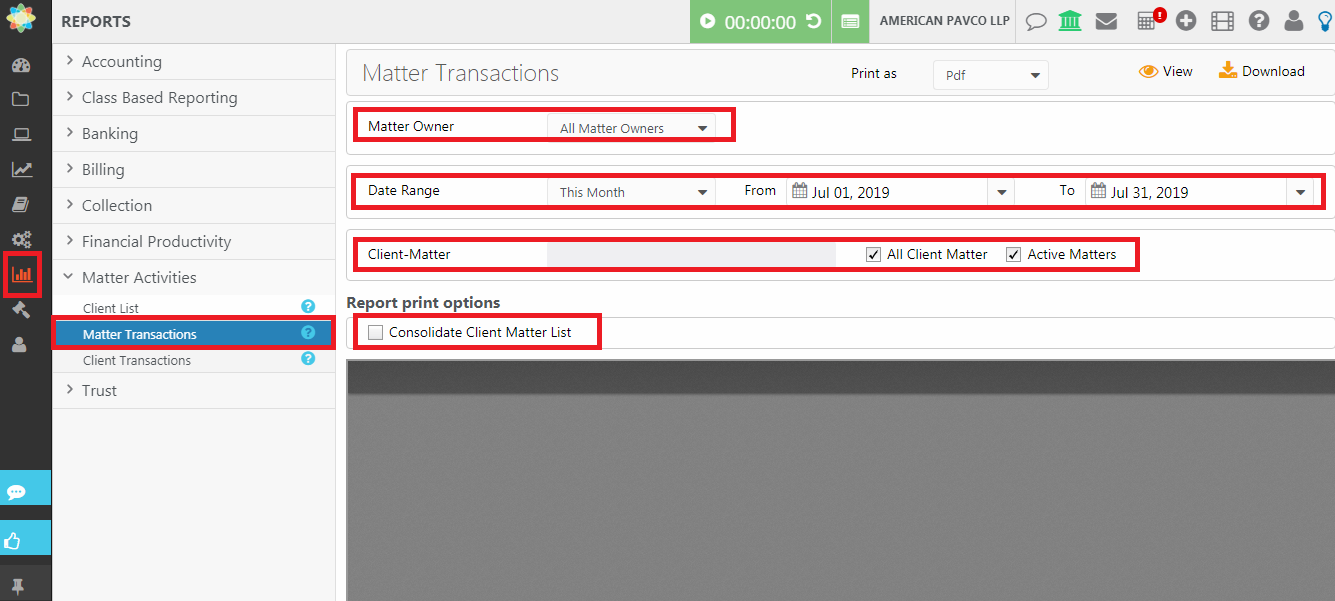 Matter Transactions Report – CosmoLex Support