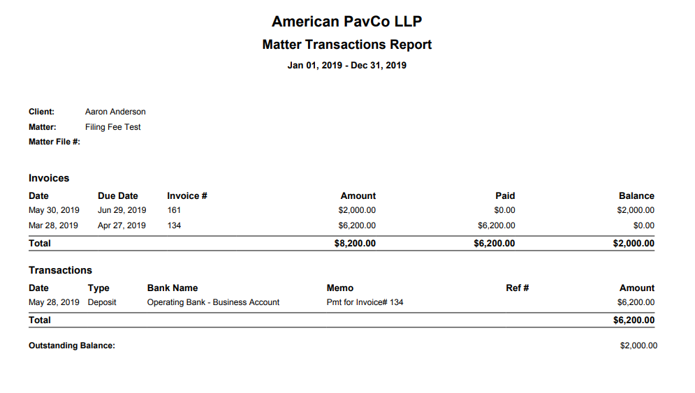 Matter Transactions Report – CosmoLex Support