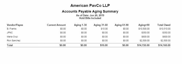 Accounts Payable Aging Summary Report – CosmoLex Support