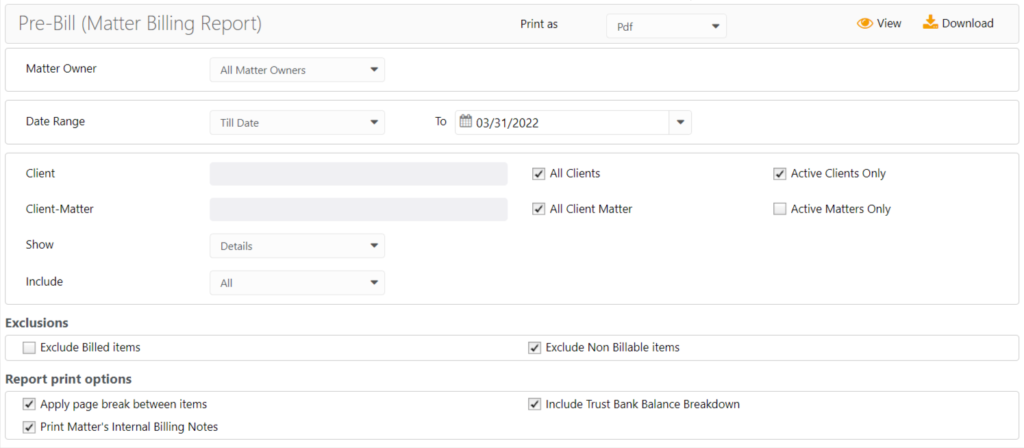 Pre-Bill (Matter Billing Report) - CosmoLex Support