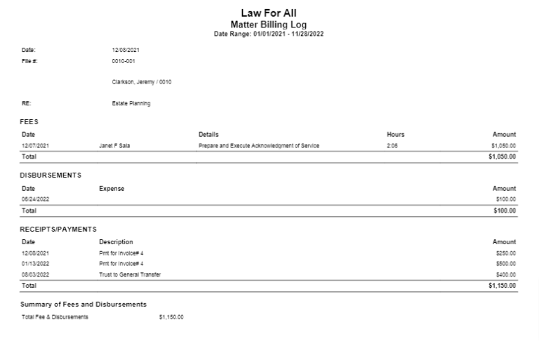 Matter Billing Log Report - CosmoLex Support