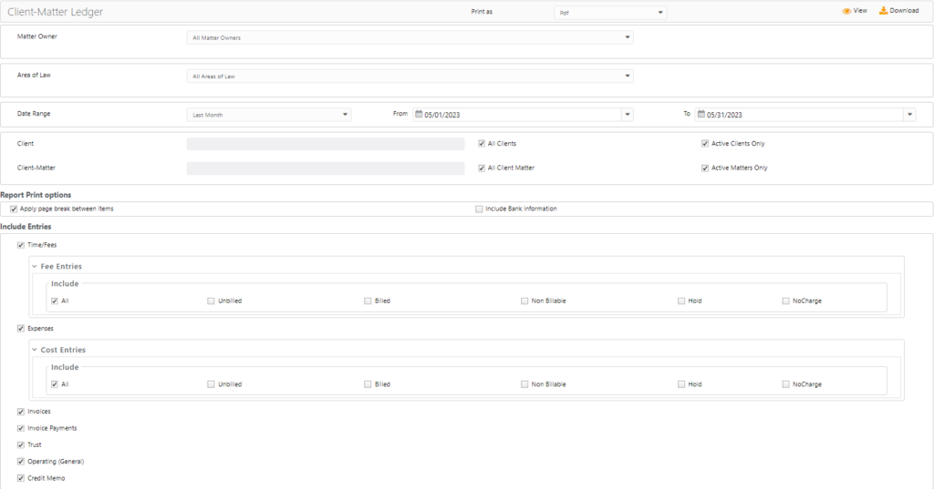 Client-Matter Ledger Report - CosmoLex Support
