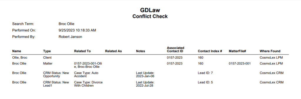 Conflict Check Report - CosmoLex Support